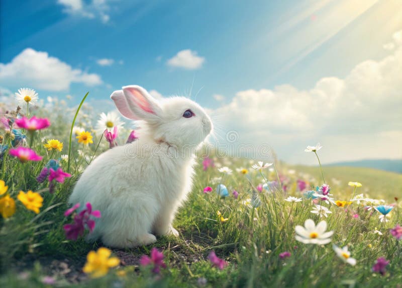 A Fluffy Baby Bunny Sitting in a Meadow Full of Flowers Stock Image ...