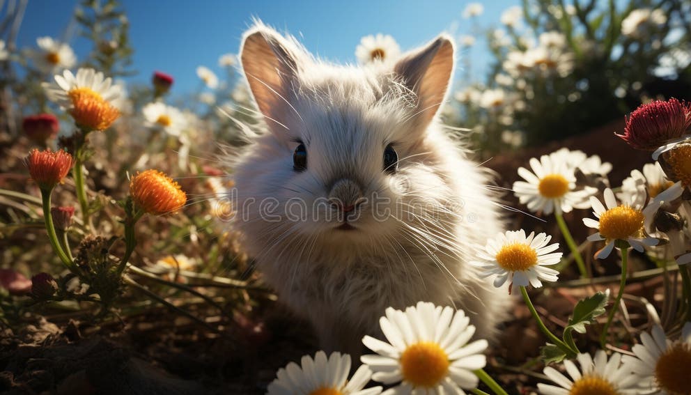 Fluffy Baby Rabbit Sits in Meadow, Surrounded by Daisies Generated by ...