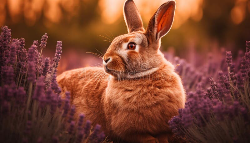 Fluffy Baby Rabbit Sits in Purple Flowers Generated by AI Stock Image ...