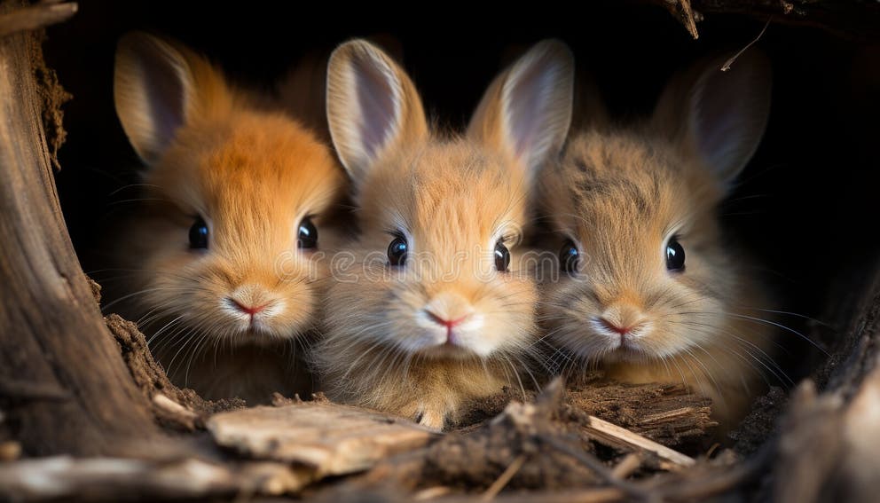 A Fluffy Baby Rabbit Sits in a Row with Two Baby Chickens, Looking Cute ...