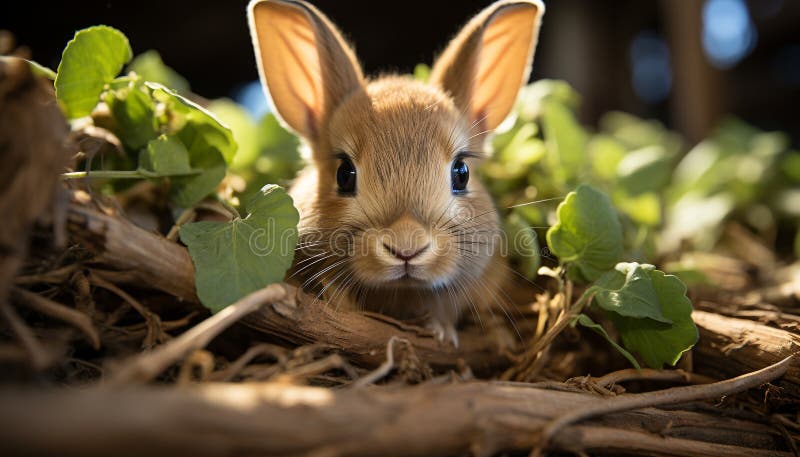 Fluffy Baby Rabbit Sitting in Grass, Looking at Camera Generated by AI ...