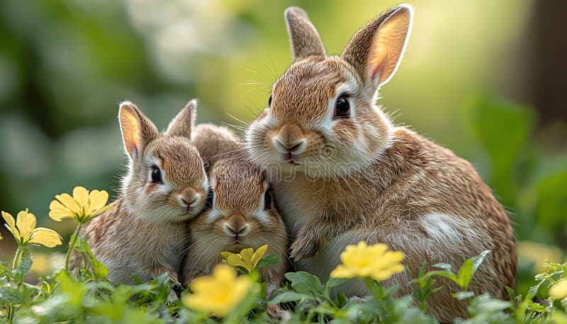 Fluffy Baby Rabbit Sitting in Green Grass Meadow Generated by AI Stock ...