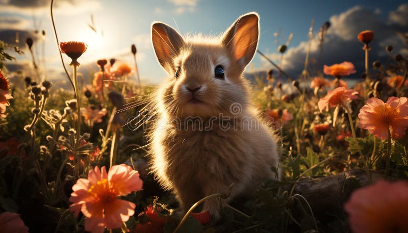 Fluffy Baby Rabbit Sitting in Green Meadow, Enjoying Sunset Generated ...