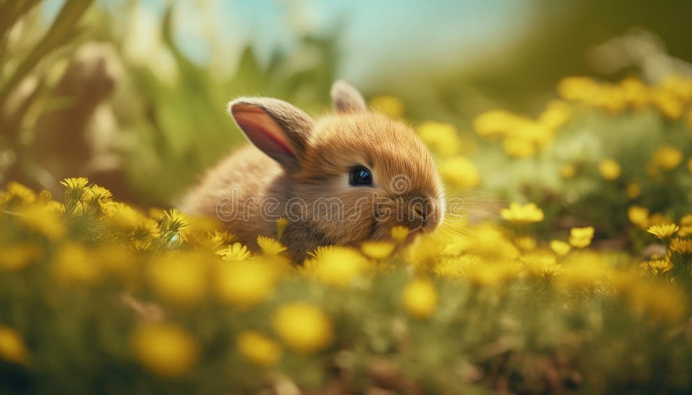 Fluffy Baby Rabbit Sitting in Green Meadow Generated by AI Stock Image ...