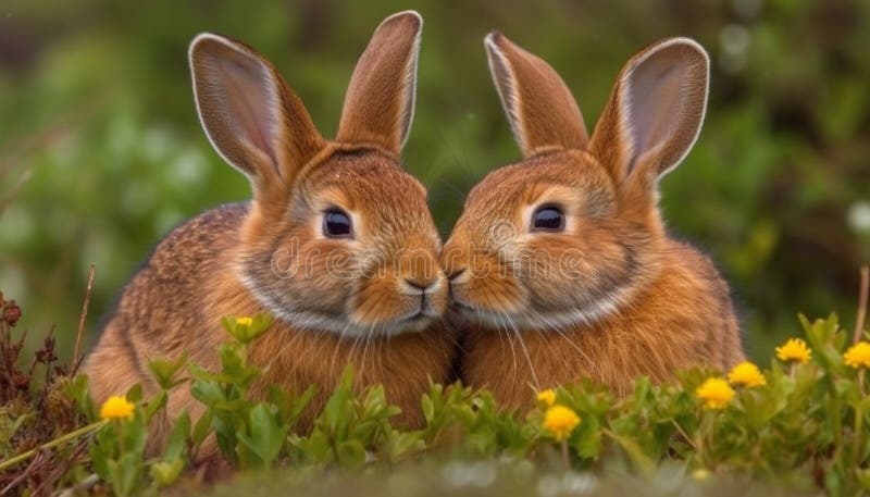 Fluffy Baby Rabbits Sitting in Green Meadow Generated by AI Stock Image ...