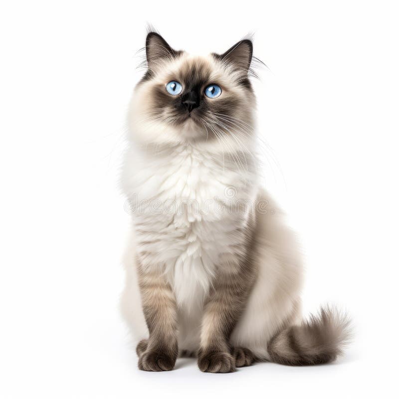 Fluffy Birman Cat with Blue Eyes on White Background Stock Illustration ...
