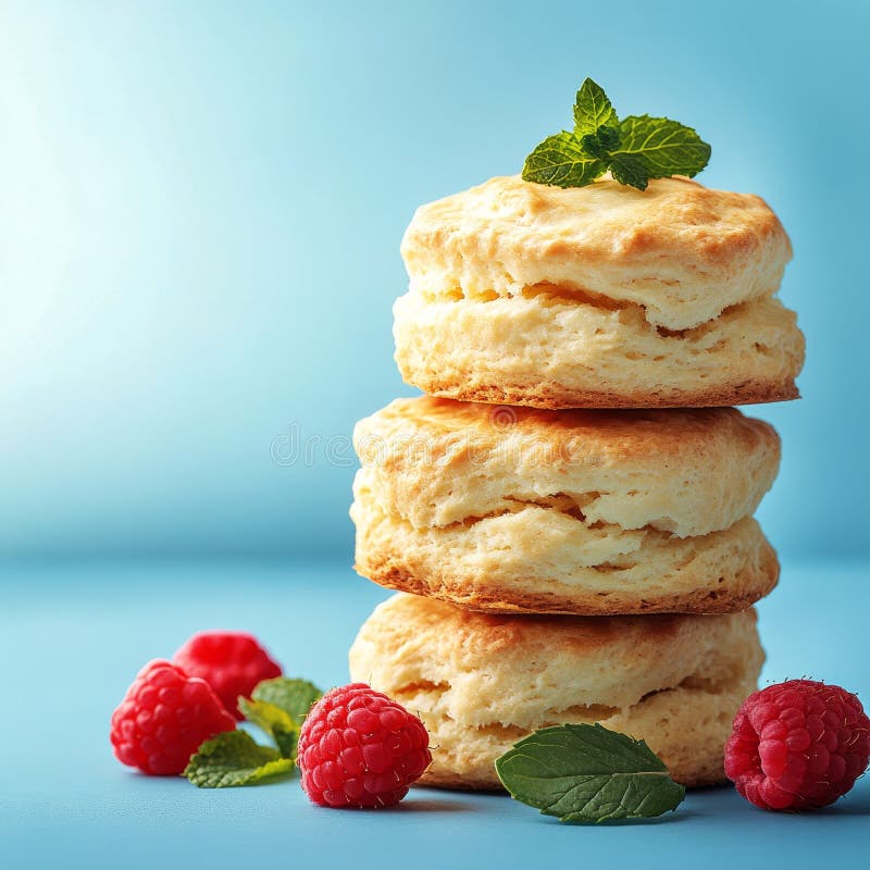 Fluffy Biscuits Stacked with Fresh Raspberries and Mint on a Blue ...