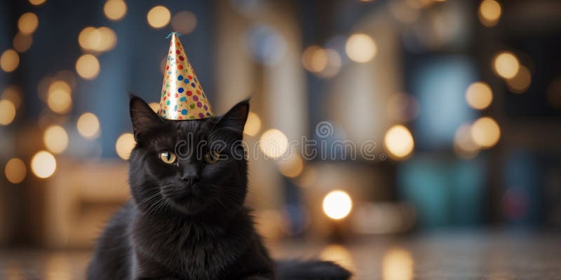Fluffy Black Cat with Party Hat Celebrating Indoors. Stock Illustration ...