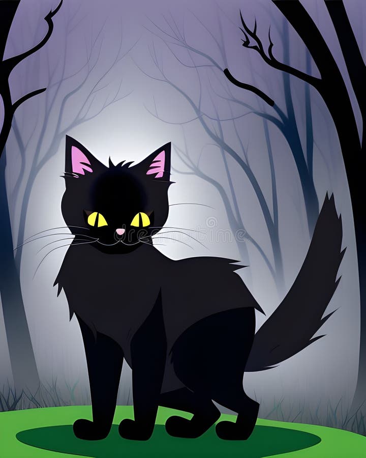 Fluffy Black Cat in the Woods Stock Illustration - Illustration of ...