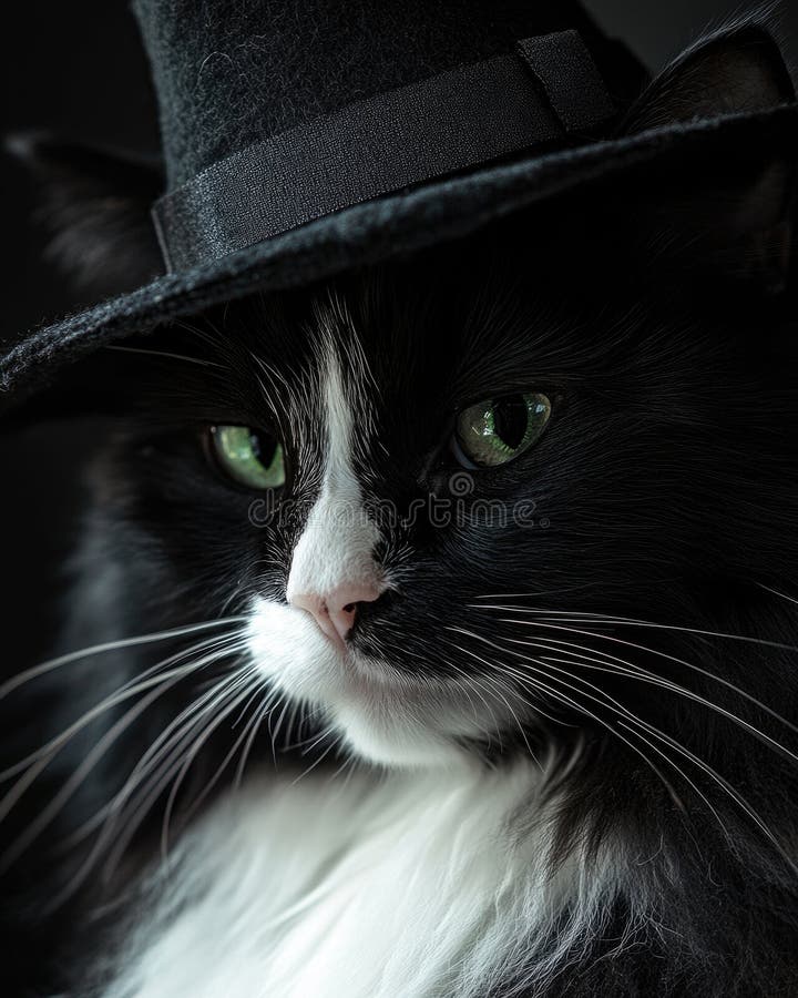 A Fluffy Black and White Cat with Deep Green Eyes, Wearing a Neat Witch ...