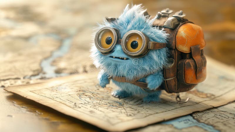 Fluffy Blue Creature with Backpack on a Map Stock Illustration ...