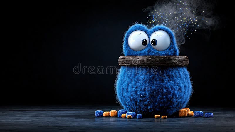 Fluffy Blue Creature with Big Eyes and Colorful Blocks Scattered Around ...