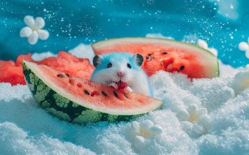 A Fluffy Blue Creature Enjoying a Watermelon Slice in a Sunny Meadow ...