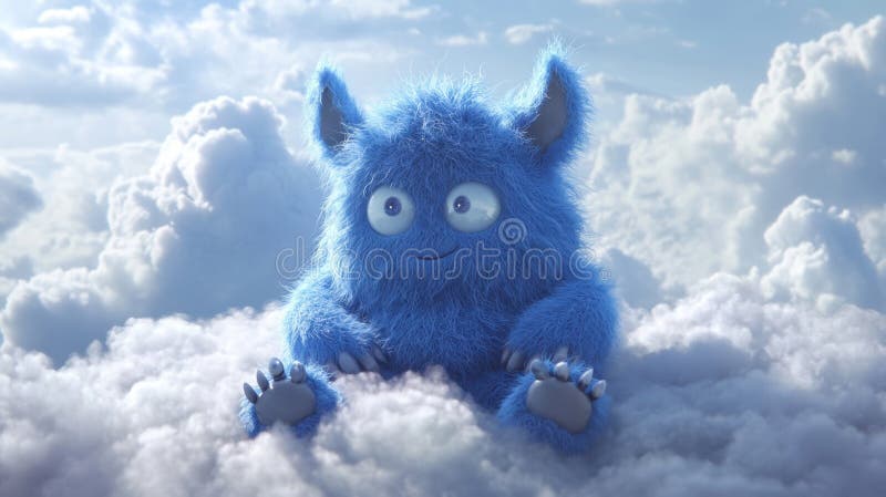 Fluffy Blue Monster Sitting on Clouds Stock Illustration - Illustration ...
