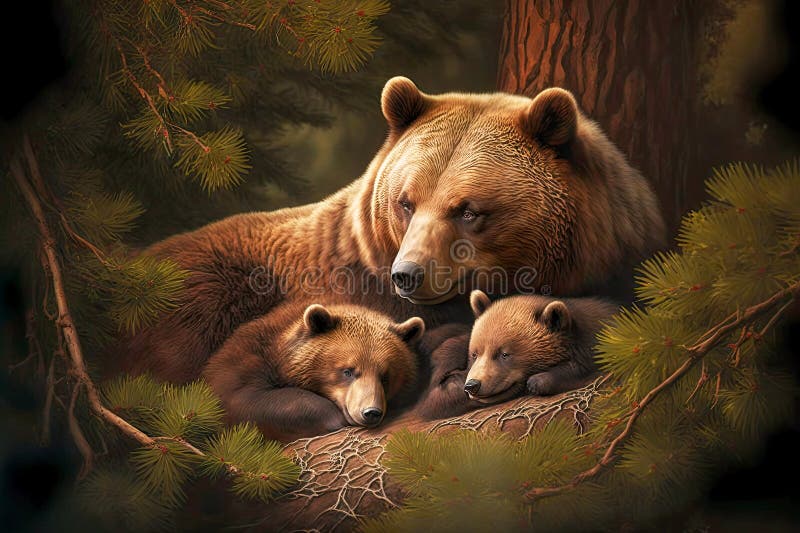 Fluffy Brown Bear with Cubs Curled Up Sleeping Under Tree Stock ...