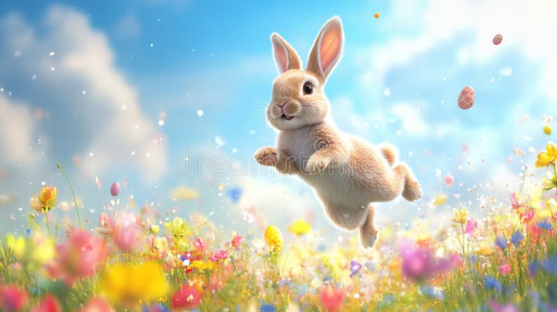 Fluffy Brown Bunny Hopping in a Colorful Spring Meadow Stock ...