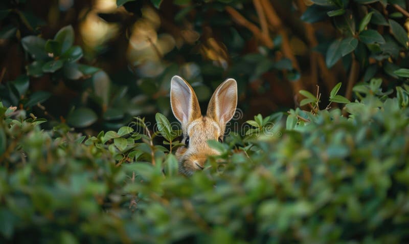 A Fluffy Brown Bunny Peeking Out from Behind a Bush Stock Image - Image ...