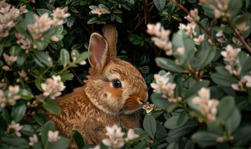 A Fluffy Brown Bunny Peeking Out from Behind a Bush Stock Photo - Image ...