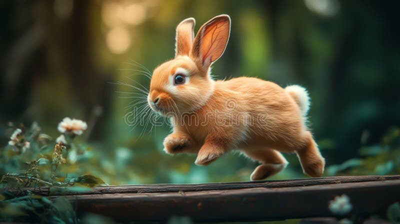 Fluffy Brown Bunny Rabbit Leaping through Green Forest Stock ...