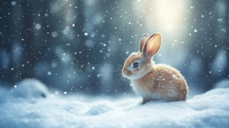 A Fluffy Brown Bunny Sits in Winter Snow Stock Illustration ...