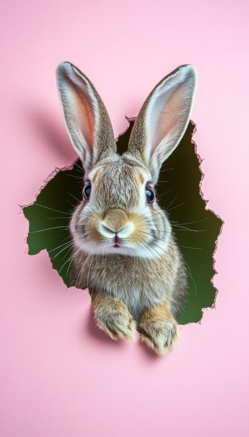 Fluffy Brown Easter Bunny Peeking through Torn Pastel Pink Hole, Spring ...