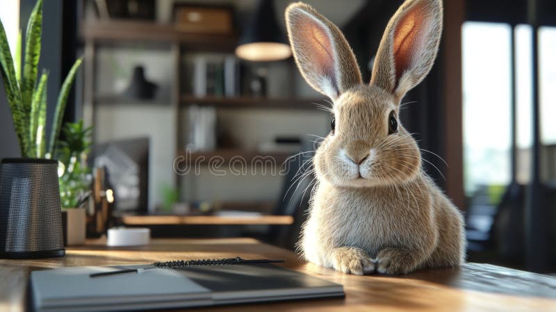 Fluffy Brown Rabbit Sitting on a Modern Wooden Desk Stock Illustration ...
