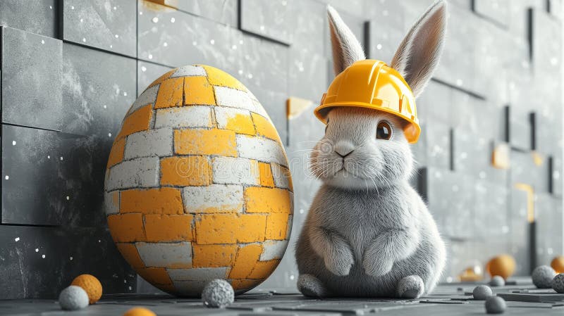 Cute Bunny Wearing a Construction Hat Sits Next To a Patterned Textured ...