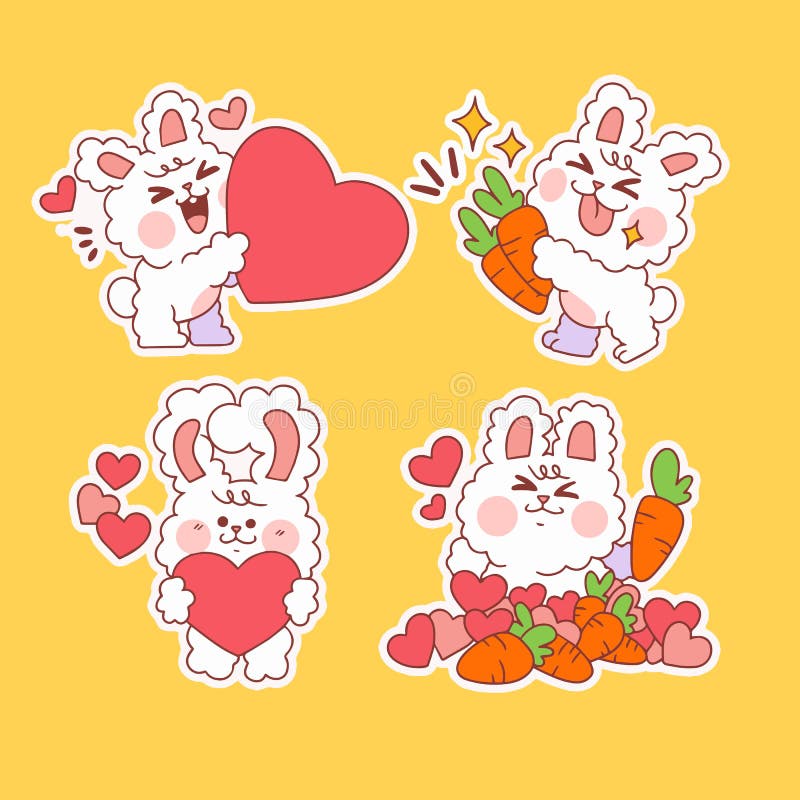 Fluffy Bunny and Fresh Carrot Sticker Set Doodle Illustration Stock ...