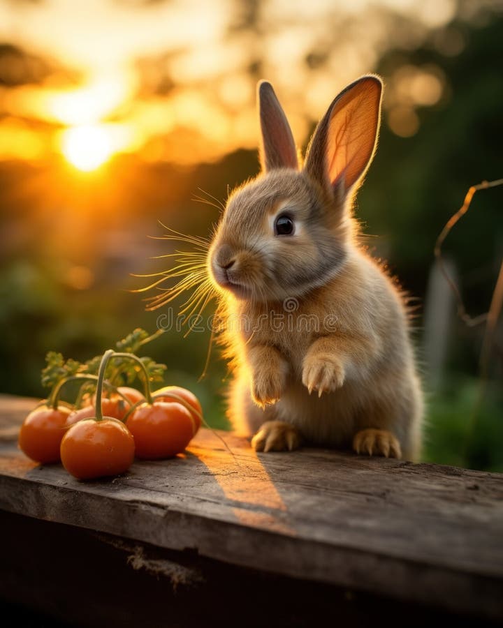 A Fluffy Bunny Rabbit Sits Next To a Tomato Stock Image - Image of cute ...