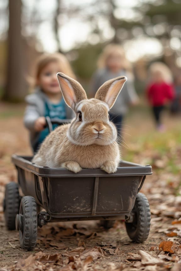 Bunny Ride: Tan Rabbit Enjoys a Ride in a Wagon, Pulled by Children ...