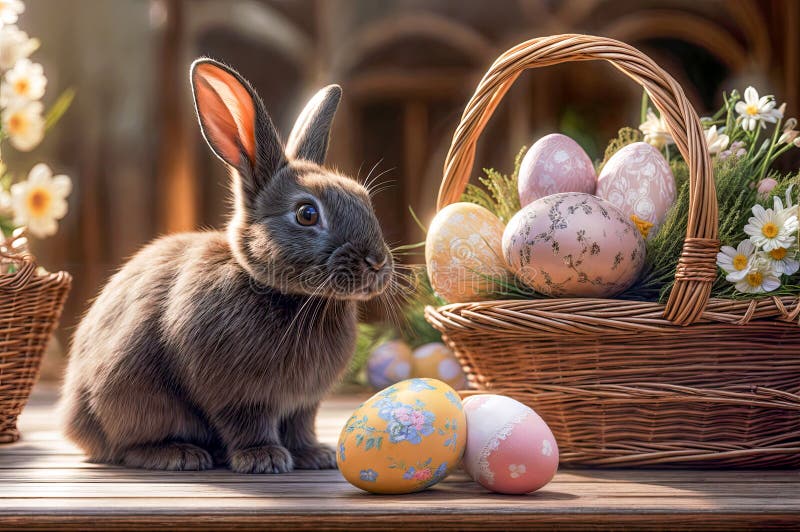Fluffy Bunny Sits between Two Baskets Filled with Colorful Eggs, Easter ...