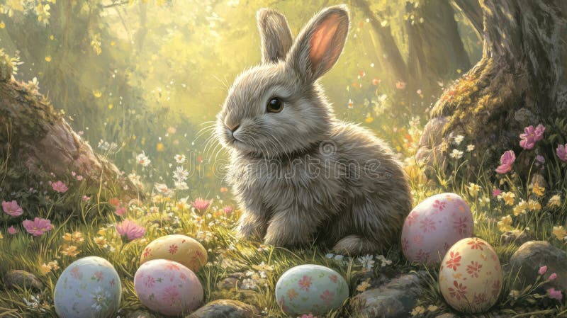 A Fluffy Bunny among Spring Flowers and Easter Eggs Stock Illustration ...