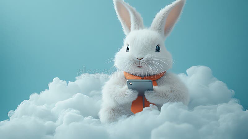Fluffy Bunny Uses Phone on Clouds, Pastel Background, Easter Stock ...