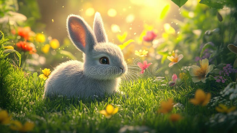 Fluffy Bunny in a Vibrant Flower Garden Stock Illustration ...
