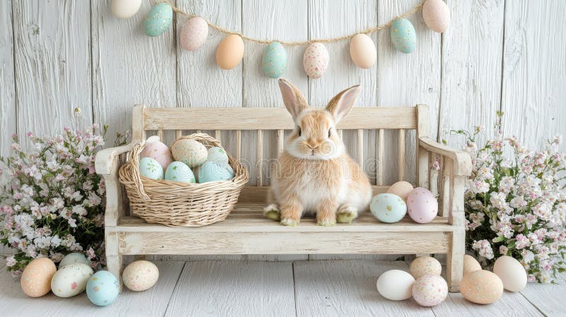 Fluffy Bunny on a Wooden Bench Surrounded by Pastel Easter Eggs and ...