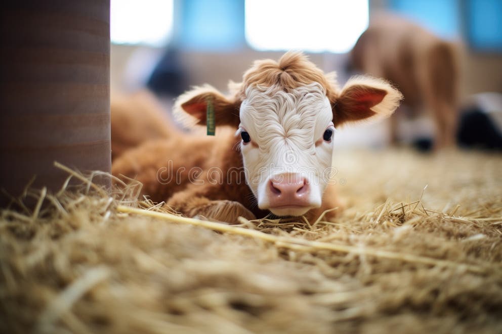 Fluffy Calf Lying on Clean Straw, Looking at Camera Stock Illustration ...