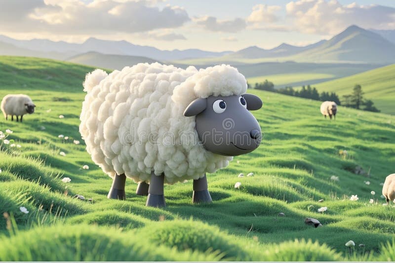 A Fluffy Cartoon Sheep Eating Grass on a Meadow Stock Illustration ...