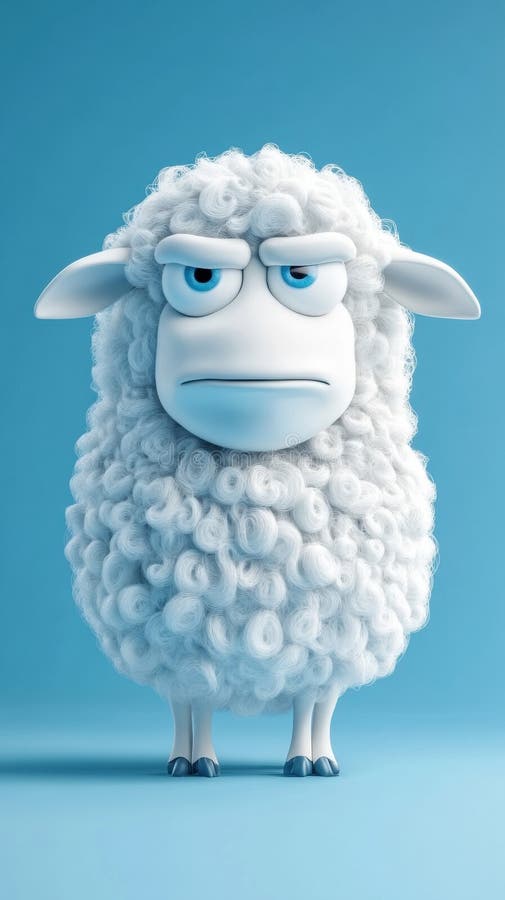 Fluffy Cartoon Sheep with a Grumpy Expression Against a Blue Background ...