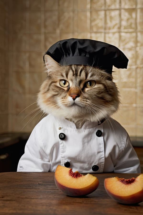 Fluffy Cat in Chef Costume with Apron and Hat in Kitchen Setting Stock ...
