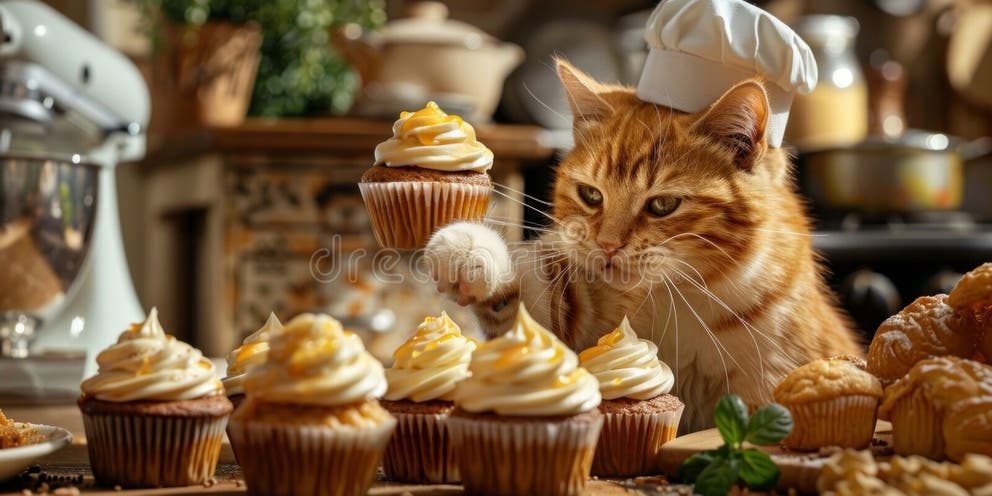 Fluffy Cat with a Chefs Hat is Captivated by the Sight of Cupcakes on a ...