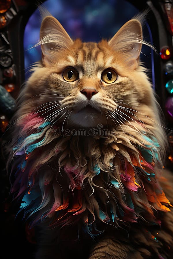 A Fluffy Cat with Colorful Feathers Sitting in Front of a Mirror ...