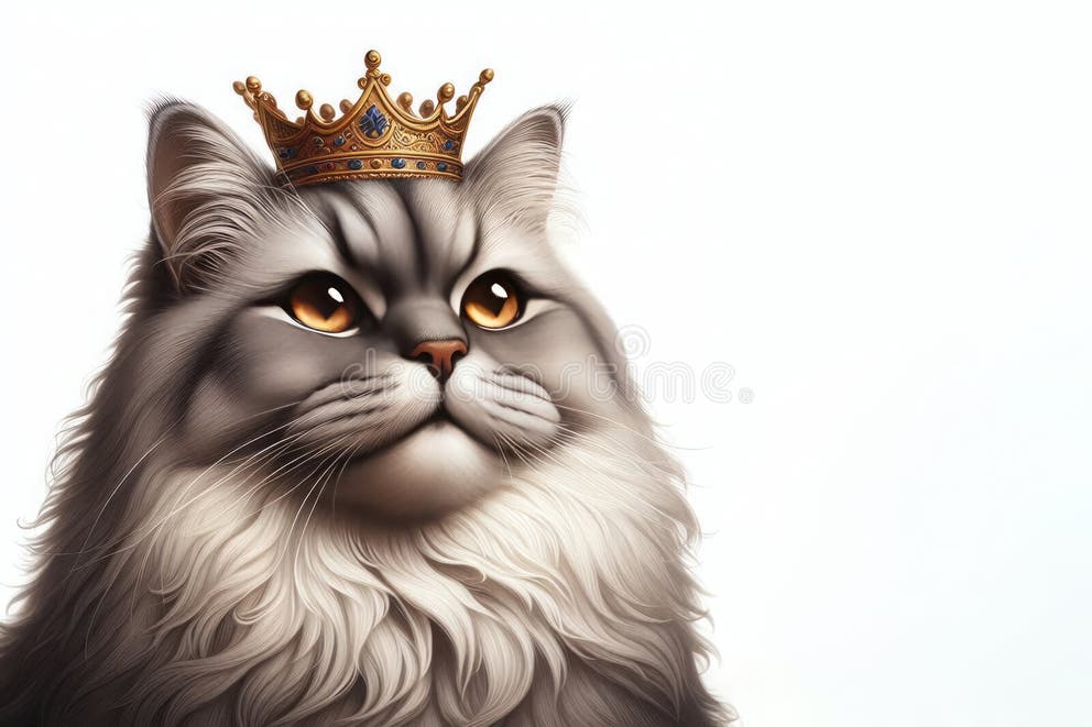 A Fluffy Cat with a Crown on His Head. Space for Text. Stock Image ...