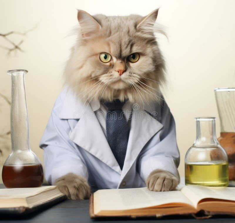 Fluffy Cat Dressed As a Scientist Studies Lab Equipment and Books in a ...