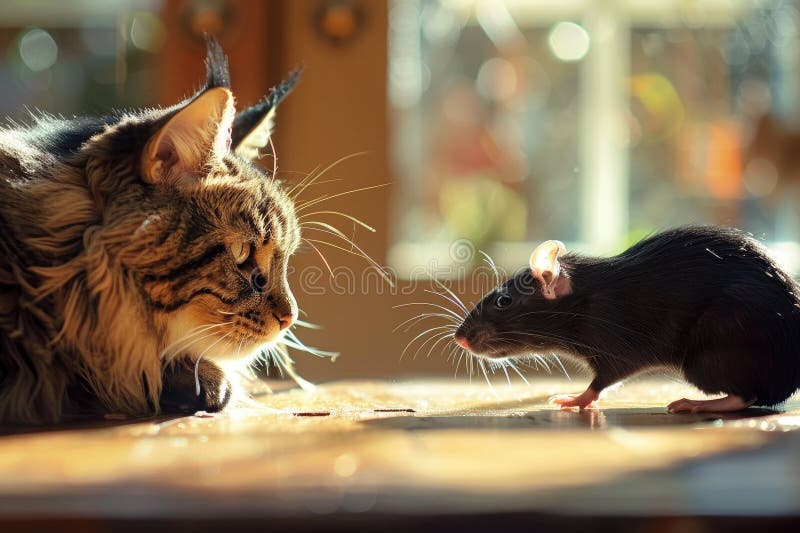 A Fluffy Cat Gazes Curiously at a Sleek Black Rat from Across a Table ...