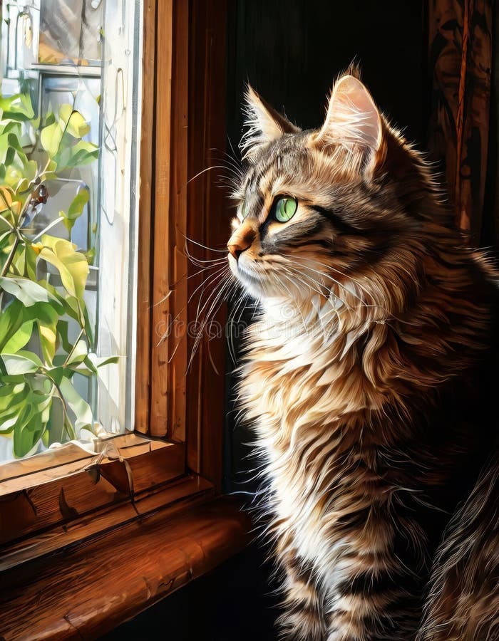 Fluffy Cat Gazing Out the Window with Sunlight Streaming in Stock Image ...