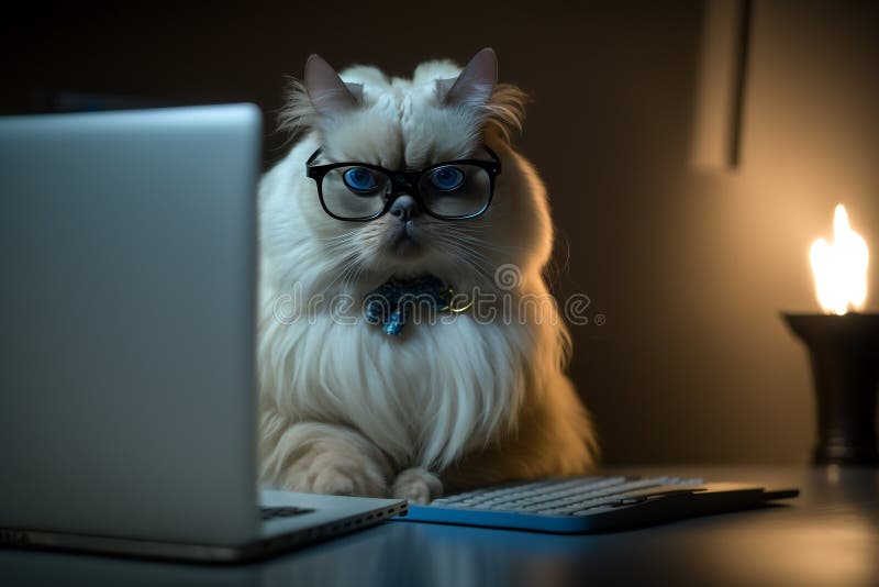 Fluffy Cat in Glasses, Working on a Laptop at Home, Generated by Ai ...