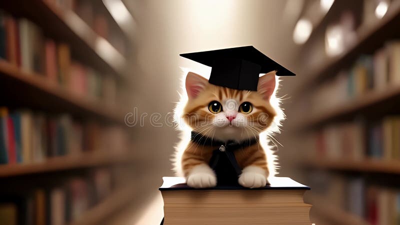 Fluffy Cat with Graduation Cap on Stack of Books in Library Background ...