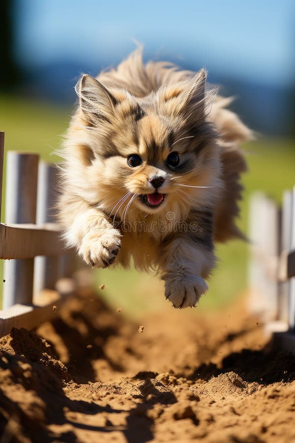 A Fluffy Cat Jumping Over a Wooden Fence. Generative AI Image. Stock ...