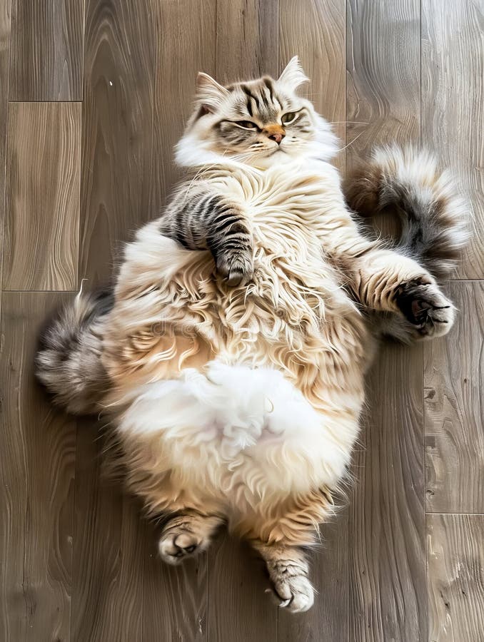 A Fluffy Cat Laying on Its Back on the Floor Stock Image - Image of ...