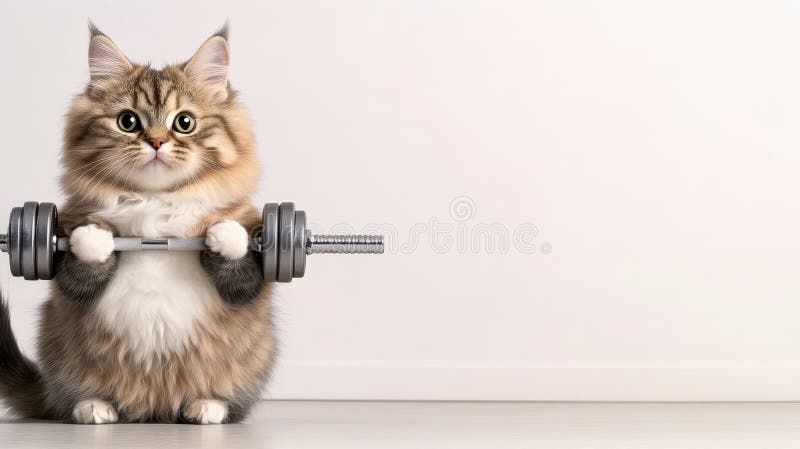 Fluffy Cat Lifting Mini Barbell, Showcasing Strength and Cuteness Stock ...